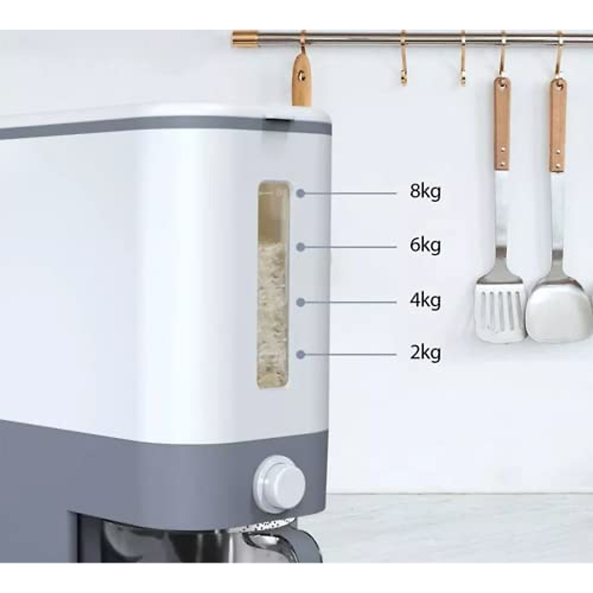 Sanujuan 20Lbs Rice Dispenser, Large Food Storage Container with Lid, Measuring Cup, 2-in-1 Spoon, Grains Cereal Container for Kitchen, Easy to install Pantry Organizer - White/Gray