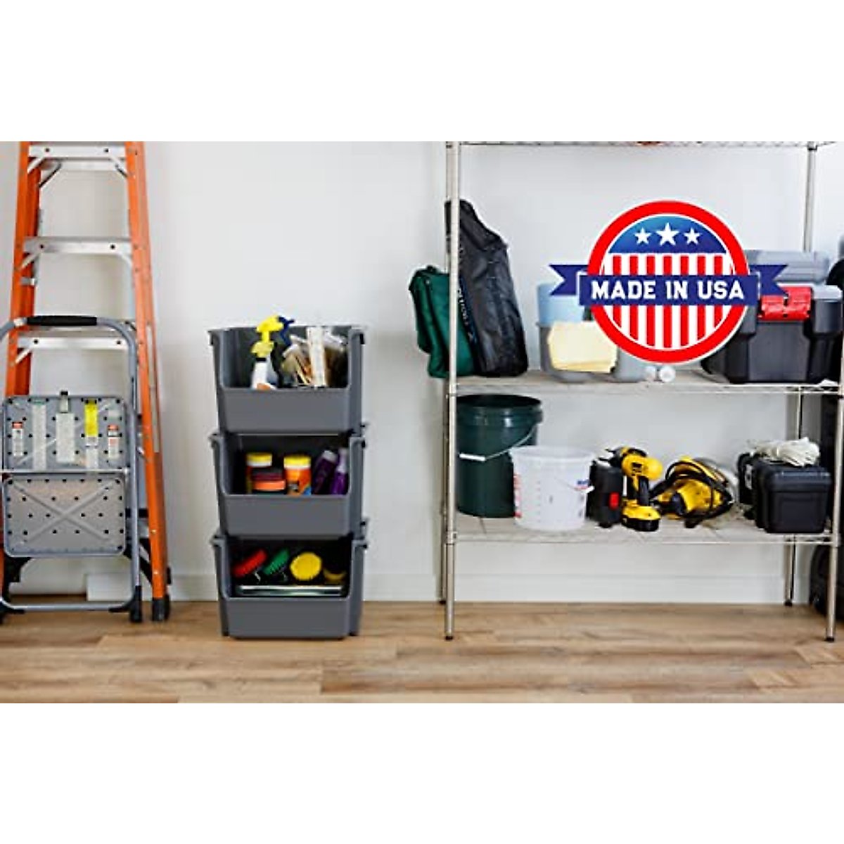 Mighty Tuff Large Stackable Storage Bins, Pack of 3, Easy-Access Storage, Large Easy-To-Grip Handles, Wide Front Opening, Interlocking, Stack Vertically, Cool Grey