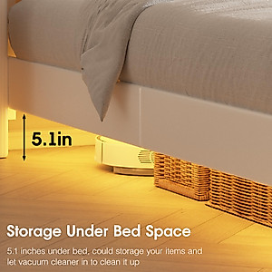 Queen Size Floating Bed Frame with LED Lights, Upholstered PU Leather Platform Bed with Charging Station & Button Tufted Headboard Storage, No Box Spring Needed, White