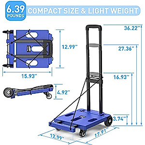 Ronlap Folding Hand Truck, Portable Dolly Cart Foldable Lightweight, 4 Wheels Push Cart Dolly for Moving, 265lbs Heavy Duty Moving Dollys with Wheels, Small Platform Hand Cart with 2 Ropes, Blue