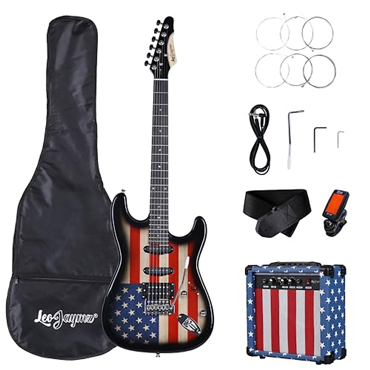 Leo Jaymz 39 Inch Full Size Electric Guitar Kit Electric Guitar Beginner Kits - 20W Amplifier，Digital Tuner，Carring Bag，Shoulder Strap,Connecting Cable (US Flag 20W)