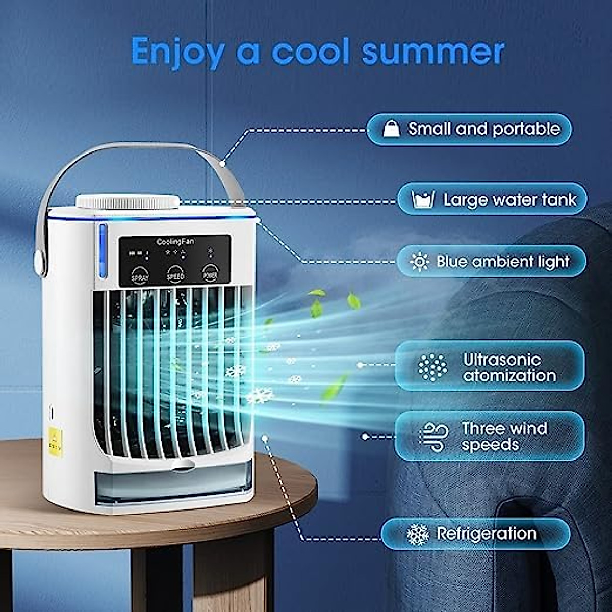 Portable Air Conditioners,Portable ac with 3 Speeds, Air Conditioner Portable for Room with Ultrasonic Mist Maker & Blue Light, Desk Fan with 500ML Tank for Home Office Camping