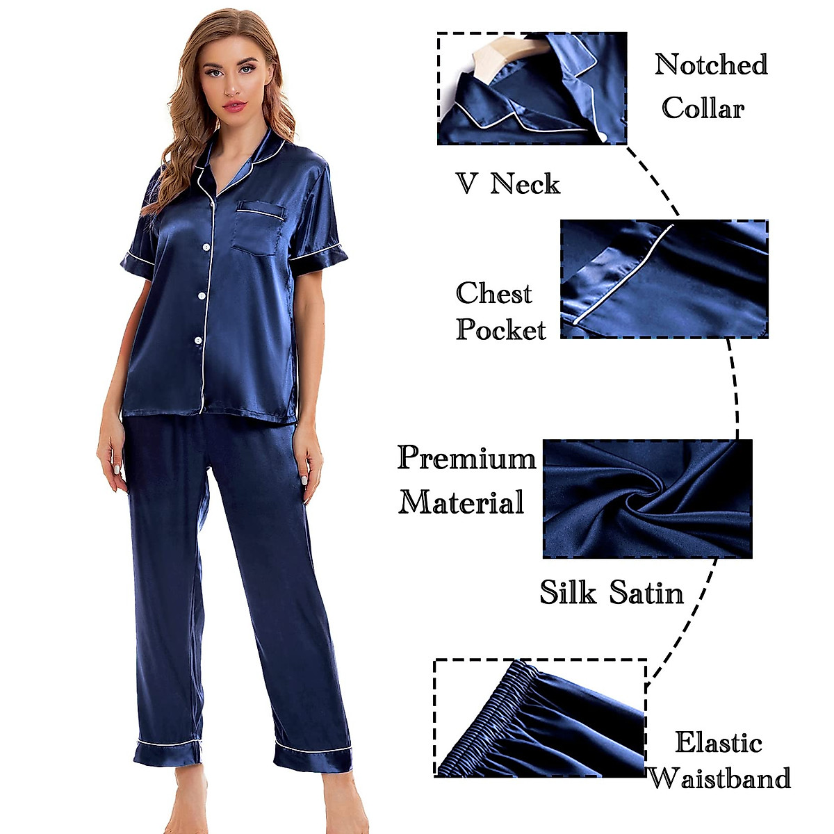 SWOMOG Womens Silk Satin Pajamas Sets 4pcs Sleepwear Sexy Cami Shorts Set and Button Down Short Sleeve Pjs Loungewear Navy Blue Medium