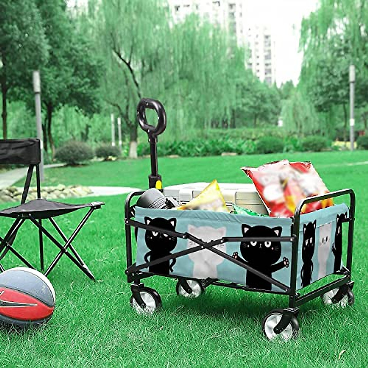 Collapsible Wagon Cart Black White cat icon Set Cute Kawaii Cartoon Character Funny Kitten Foldable Utility Wagon Large Capacity Garden Cart with Push Bar for Beach Camp Outdoor Shopping