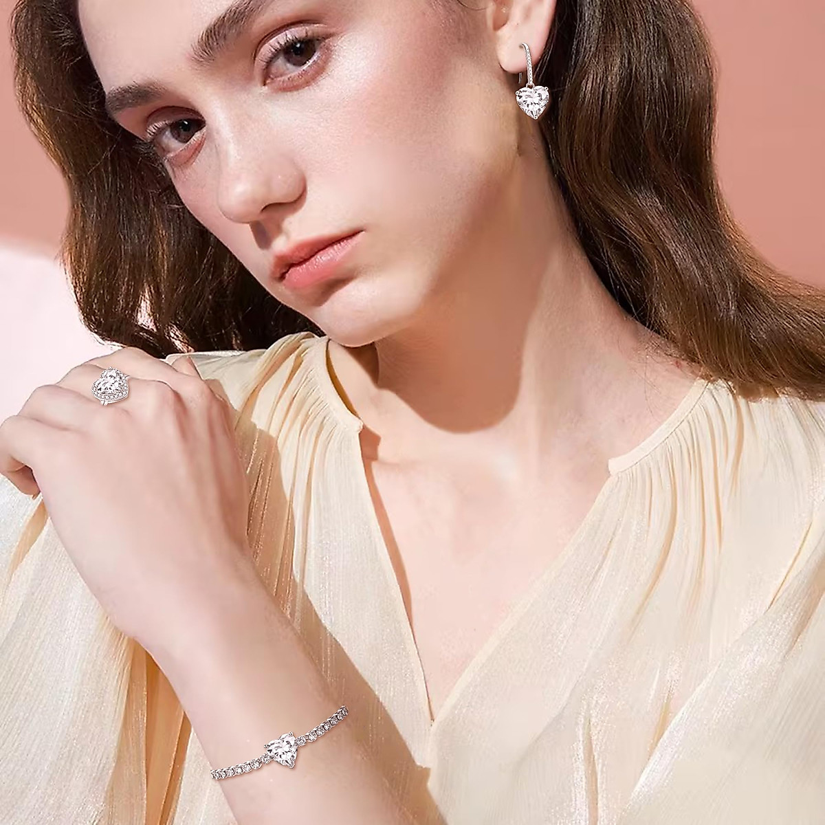 Crysdue Silver Heart Jewelry Set, Cubic Zirconia Dangle Earrings Open Ring Tennis Bracelet Birthday Anniversary Mothers Day Christmas Jewellery Gift for Women/Mom/Wife/Friend