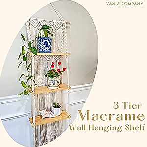 Van & Company 3 Tier Handmade Macrame Wall Hanging Shelf Includes 3 1.5cm Polished Wooden Shelves, Decorative Hand Made Roped Boho Shelving for Plants etc
