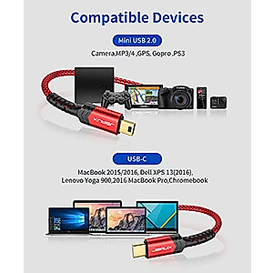 JSAUX Mini USB to Type C Cable, USB C to Mini USB 6.6FT Cable Charging Cord for GoPro Hero 3+, PS3 Controller, MP3 Player, Dash Cam, Digital Camera, GPS Receiver, PDAs and More Mini B Devices 2M/Red