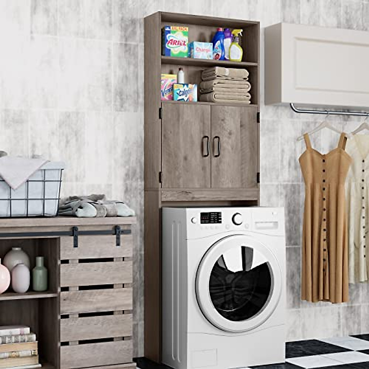 HOSTACK Over The Toilet Storage, Double Door Bathroom Organizer Toilet Cabinet, Freestanding Above Toilet Rack with Open Shelves and Adjustable Bottom Bar, 76.8 in H, Ash Gray