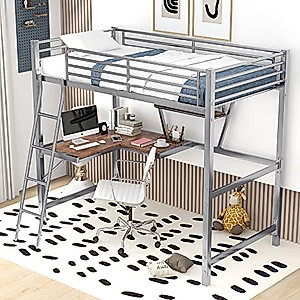 Anwickmak Twin Size Loft Bed with Desk and Shelf, Metal Loft Bed Frame, Loft Bed with Ladders and Safety Guard Rails for Boys,Girls, Teens, Adults