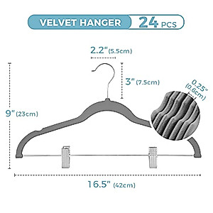 HOUSE DAY Velvet Skirt Hangers 24 Packs Velvet Hangers with Clips Ultra Thin Non Slip Velvet Pants Hangers Space Saving Clothes Hangers for Skirts, Pant, Jeans (Light Grey)
