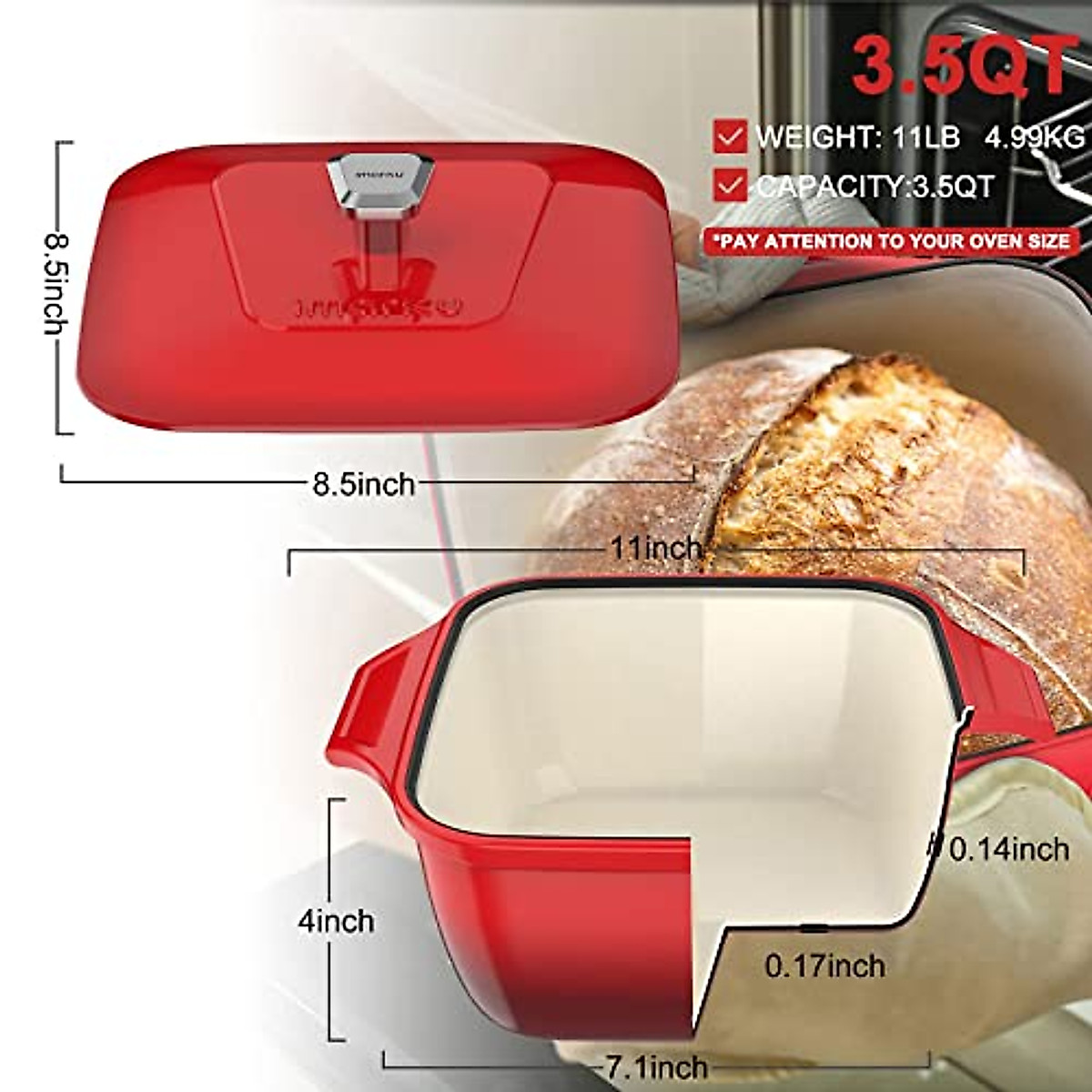 Dutch Oven, imarku 3.5 Quart Enameled Cast Iron Dutch Oven Pot with Lid for Braising, Broiling, Frying, Bread Baking, Roast Turkey, Oven Safe Up To 550°F, Enamel Coating, Nonstick Easy to Clean (3.5QT, RED)