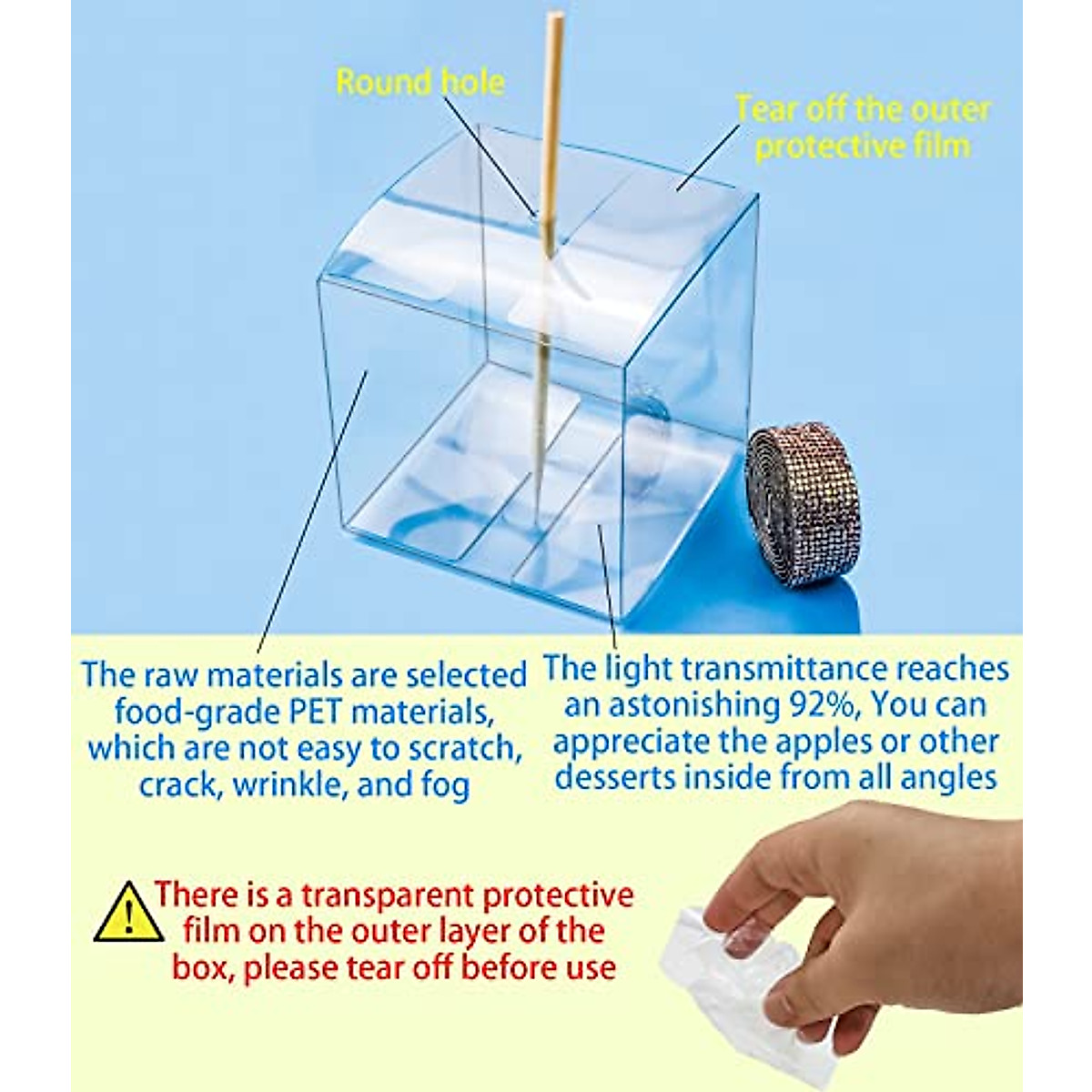 BadenBach 30 Set 4" Clear Candy Apple Boxes with Hole, Candy Apple Kit Supplies Containers Apple Boxes with 30 Pcs 7" Thick Candy Apple Sticks and 35.5" Self-Adhesive Rhinestone Stickers