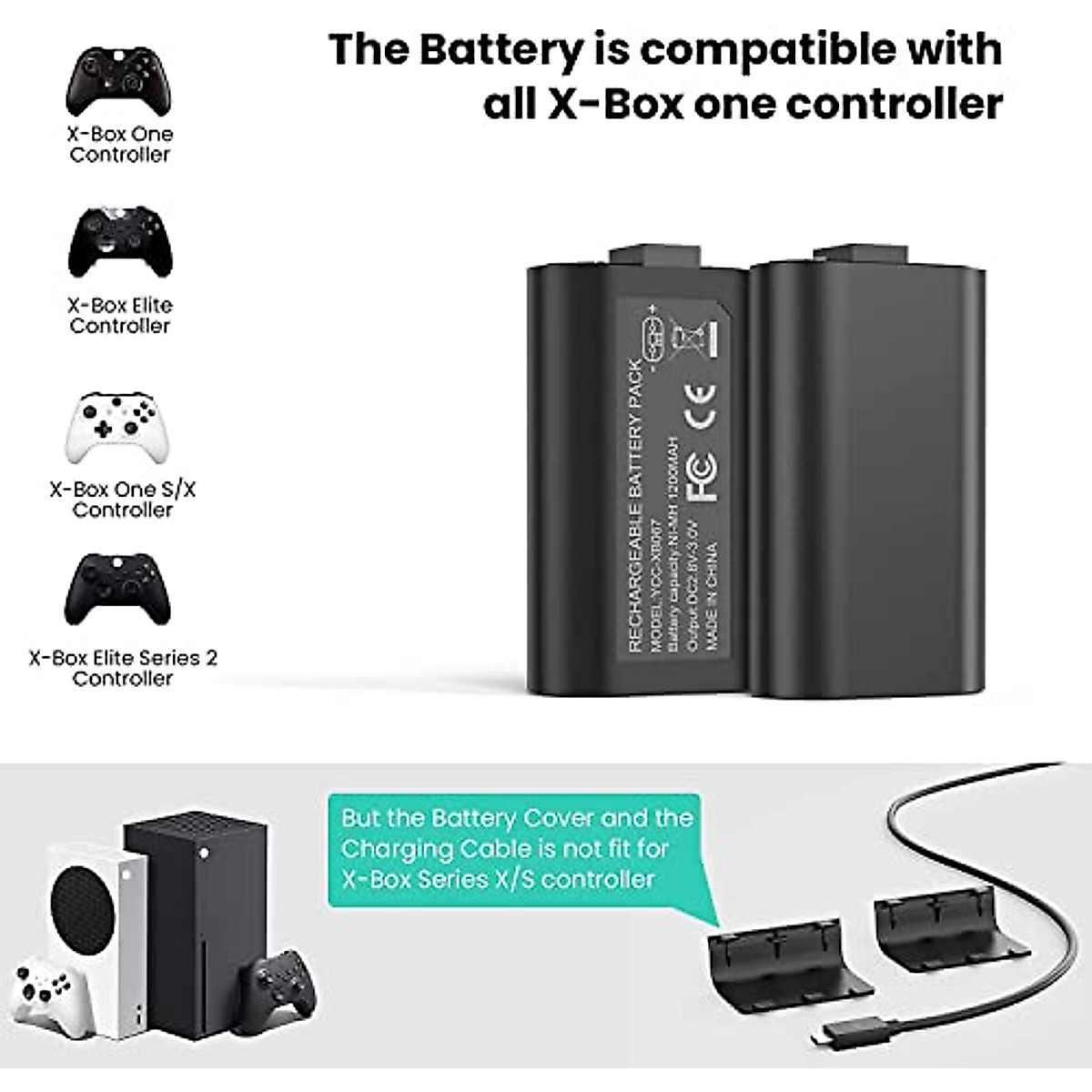 YCCSKY Controller Battery Pack for Xbox One/Xbox Series X|S, 2 X 1200mAh Rechargeable Battery Pack Play and Charge Kit for Xbox One X/S