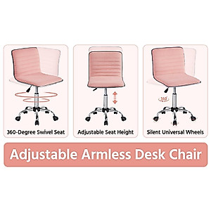 Topeakmart Armless Office Desk Chair Velvet Swivel Computer Chair Ribbed Task Chair Modern Makeup Chair Apricot Pink