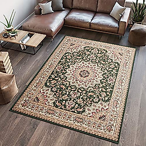 TAPISO Petra Area Rug Green Beige Traditional Rosette Oriental Living Room Bedroom Durable Carpet Size - 6x9ft (180x270cm)