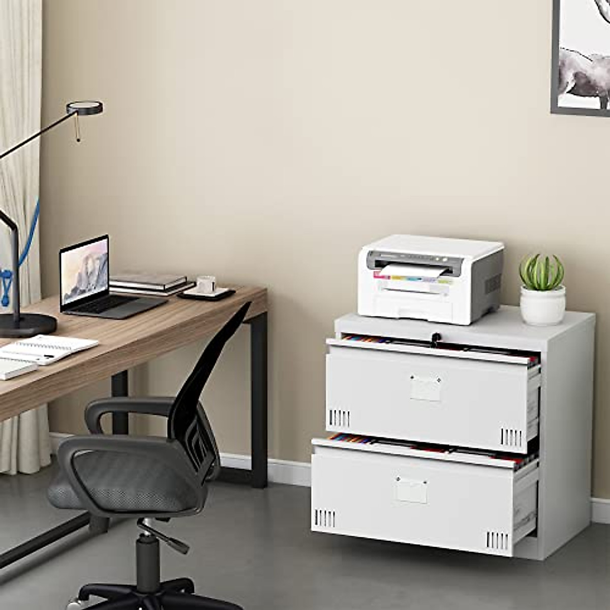 kingwolfox 2 Drawer Lateral File Cabinet with Lock, Locking lateral Filing Cabinet for Office Metal Steel File Drawers Cabinet, Lockable Horizontal File Cabinet for for Legal/Letter A4/F4 Size