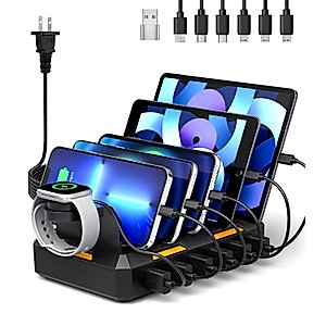Charging Station for Multiple Devices, Honcila 6 in 1 Multi Charger Station Charging Dock for Cellphone Tablet iPhone iPad and More - 50W Charging Station Organizer with 6 Mixed Charging Cables