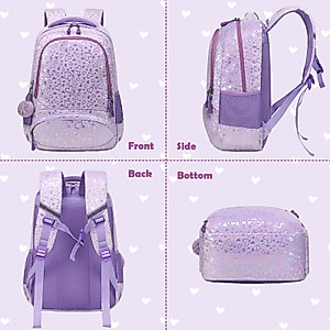 School Bags for Girls, 3PCS Purple Schools Backpack Set with Lunch Bag Pencil Case for School Girls, Cute Soft Plush School Bookbag for Preschool Kindergarten Elementary Kids