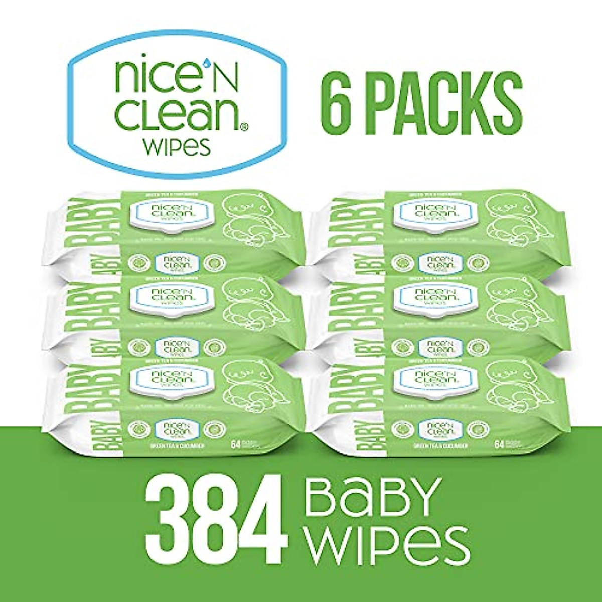Nice 'N Clean Scented Baby Wipes | Made with Plant-Based Fibers | Green Tea Cucumber Scent | 64 Wipes (Pack of 6)