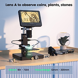 JOYALENS JL246PS 3 Lens HDMI Digital Microscope, UHD 4000× 24MP Biological Microscope with Prepared Slides, Coin Microscope for Full-Size Coin Error Coins, 7'' LCD Screen, Windows PC Compatible, 32GB