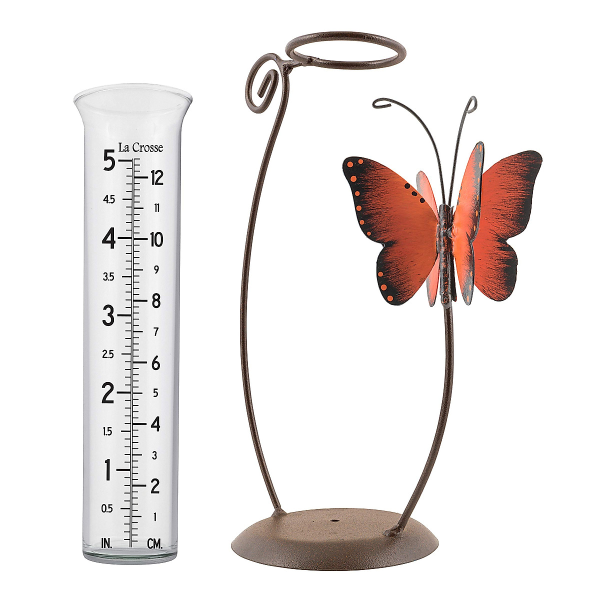 La Crosse 704-13077-INT 5 inch Capacity Glass Orange Butterfly Rain Gauge, Bronze