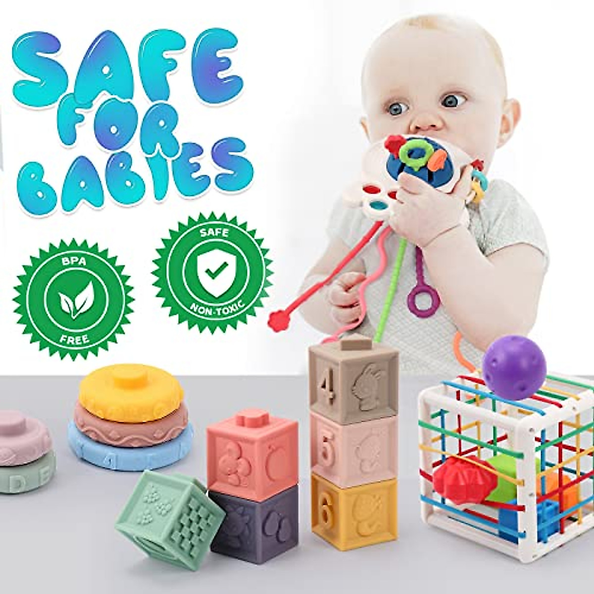 4 in 1 Baby Toys 6to12-18 Months, Pull String Baby Teething Toys, Stacking Building Blocks Infant Toys 3-6-9-12 M+, Color Shape Bin Sensory Toys, Montessori Toys for 1-3 Year Old Boy and Girl Gift