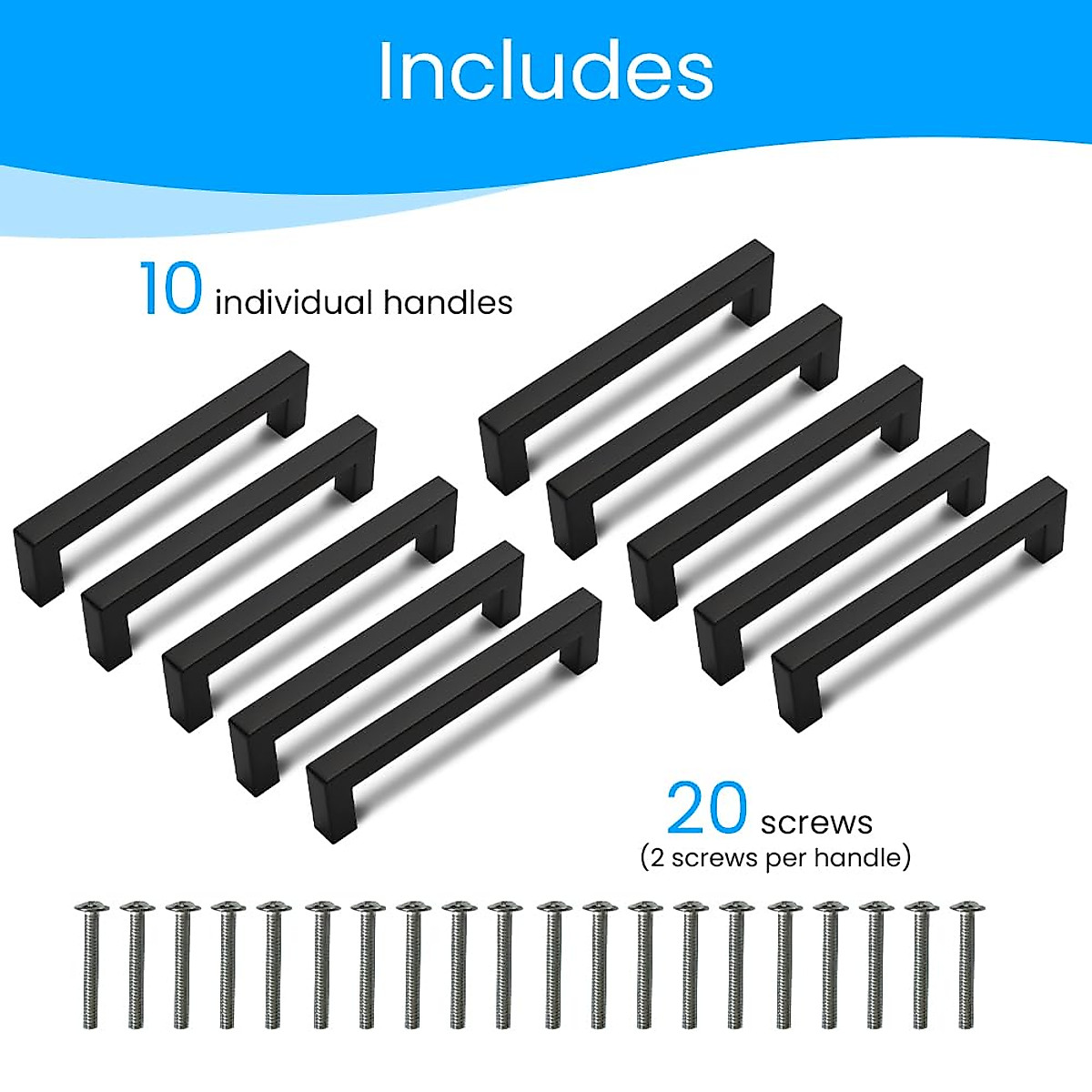 PARTILIA Matte Black Cabinet Pulls for Kitchen and Bathroom Drawers, Doors, Pantry, and Cupboards, 10 Pack, 5 Inch Hole-to-Hole Stainless Steel Handles, Modern Farmhouse Hardware