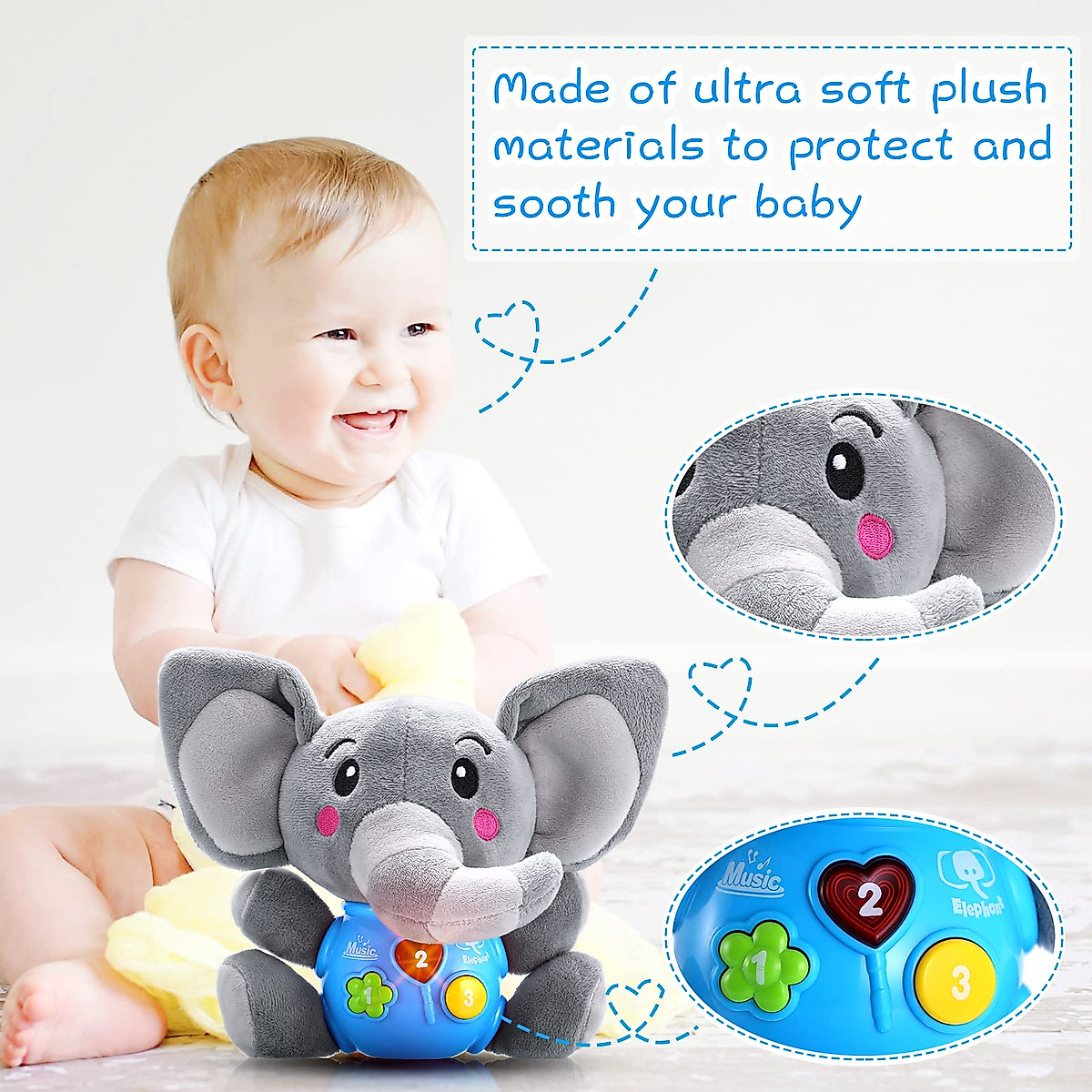 Adadmei Plush Elephant Baby Toys 0 3 6 9 12 Months, Upgraded Light Up Baby Toys Newborn Baby Musical Toys for Infant Babies Boys & Girls Toddlers 0 to 36 Months Toys Gifts for Christmas