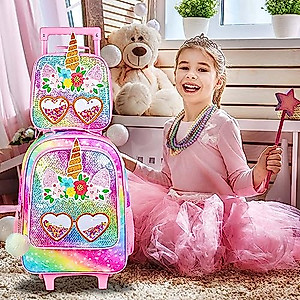 ZLYERT 3PCS Rolling Backpack for Girls, Unicorn Roller School Bag with Wheels for Kids, Wheeled Bookbag with Lunch Box for Children - Pink