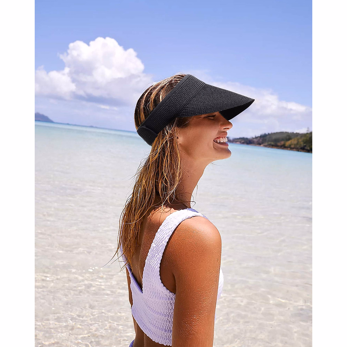 FURTALK Hat Straw Sun Visors, Summer Packable Ponytail Beach Hats for Women Travel UPF 50+ A Black