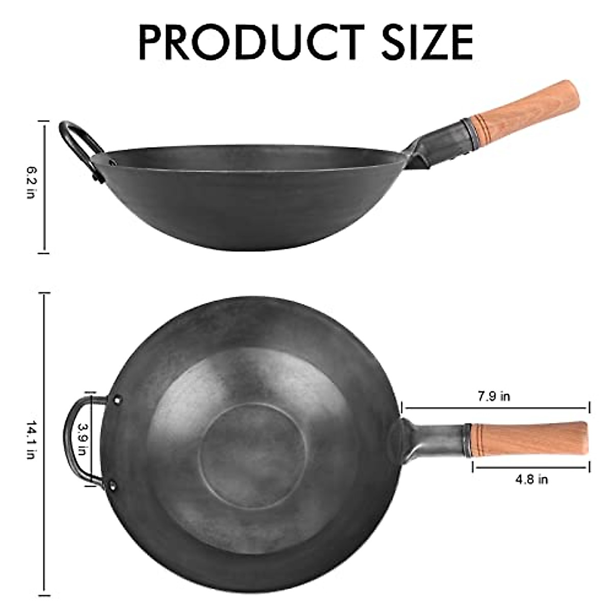 Hodebe Carbon Steel Wok Pan – 14 “ Woks and Stir Fry Pans - Chinese Wok with Round Bottom Pow Wok - Traditional Chinese Japanese Woks - Black Steel Wok