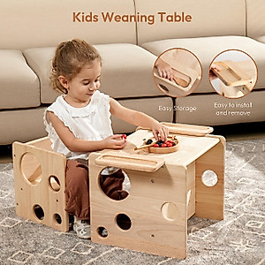 Woodtoe Montessori Weaning Table and Chair Set for Toddler, Natural Solid Wooden Kids Table Cube Chair for Boy Girl, with 8 PCS Montessori Lock and Key Toy Set, Educational Toys for Kids