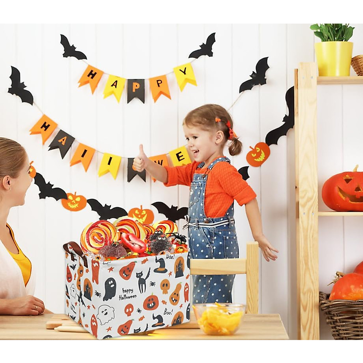 HIYAGON Halloween Basket Trick or Treat Halloween Basket for Boys and Girls Pumpkin Basket for Halloween Parties Cute Storage Bin Organizer Box Rectangular Room Decor(Halloween Basket)