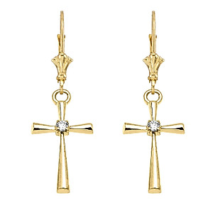 Certified 14k Yellow Gold Solitaire Diamond Cross Leverback Earrings