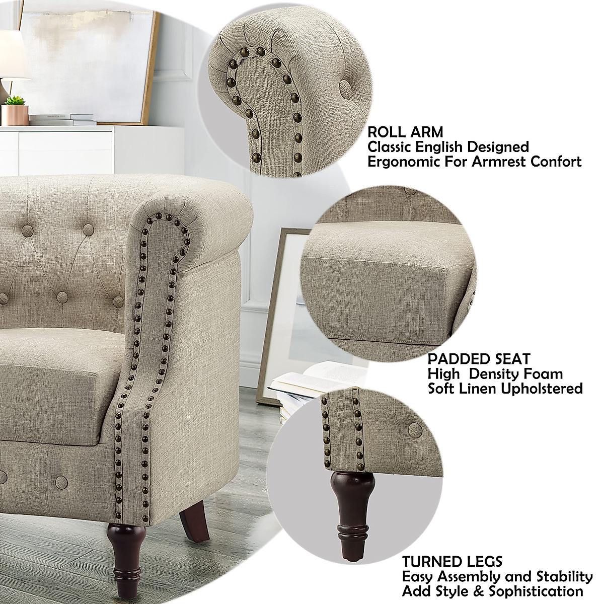 Rosevera Chancy Accent Chairs,Comfy Club Barrel Modern Armchair with Soft Living Room Readingroom,Bedroom Seating, Standard, Natural