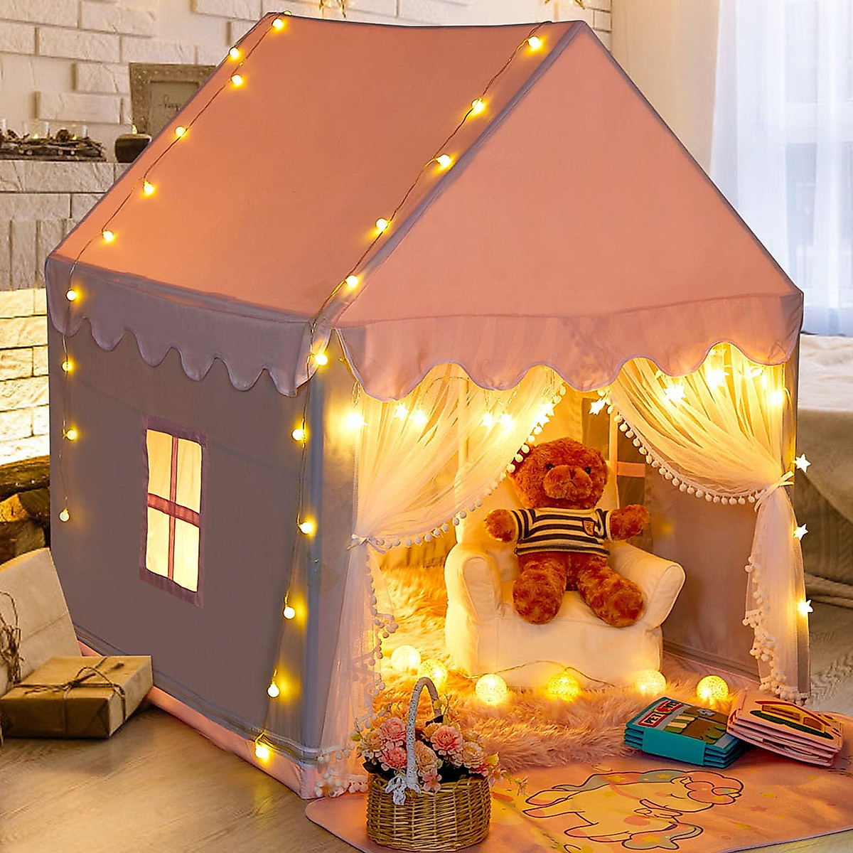 HAHASOLE Large Play Tent with Lights, Kids Tent Large Toddler Playhouse Indoor Outdoor, Princess Castle Tent with Windows, Kids Play Tent for Boys Girls, Great Gift