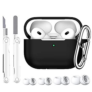 R-fun AirPods Pro 2nd/1st Generation Case Cover with Cleaning kit and 4 Pairs Replacement Ear Tips(XS/S/M/L), Full Protective Silicone for Apple AirPods Pro 2022/2019 Charging Case - Black