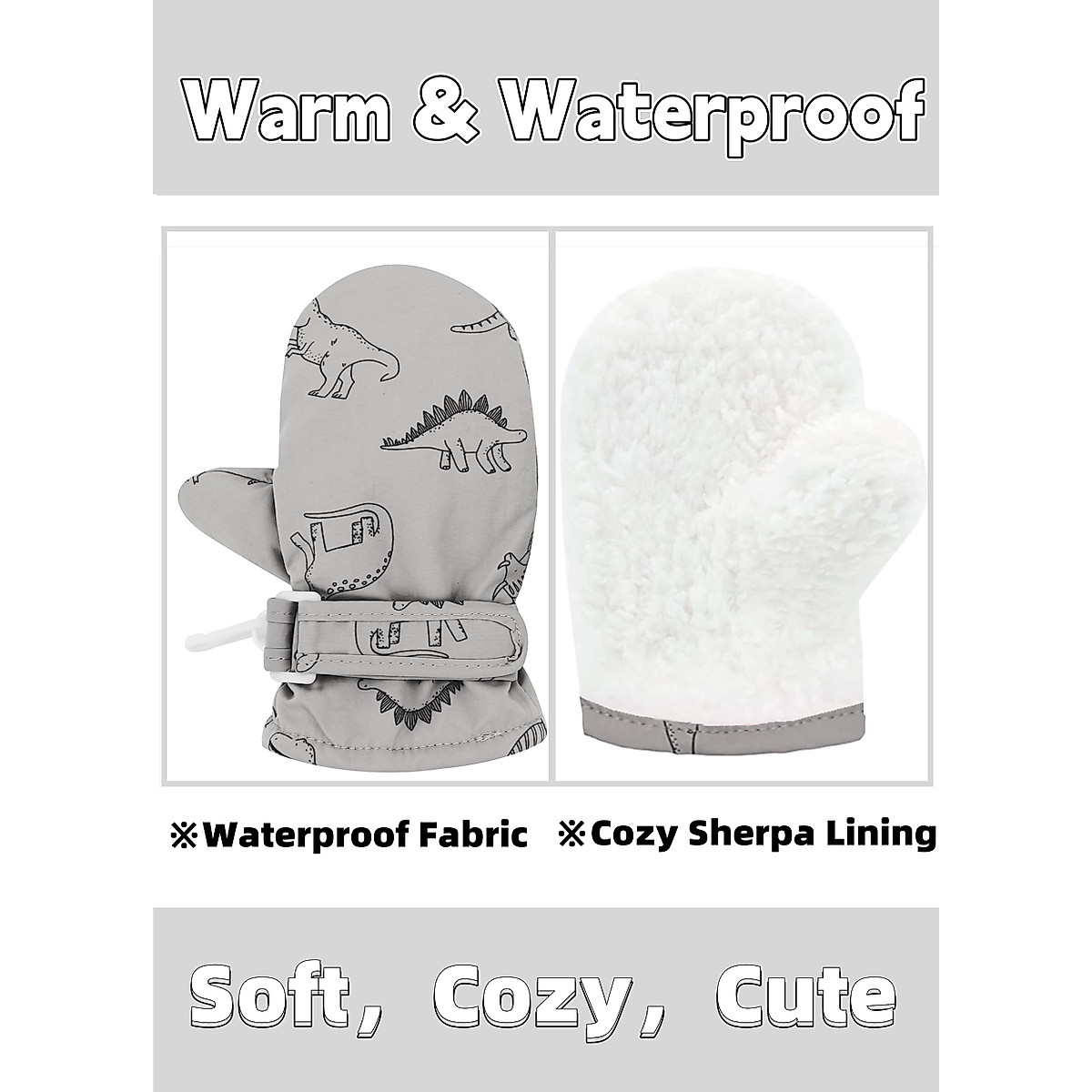 Slivery Color Toddler Mittens Kids Winter Warm Gloves Lined Fleece Gloves Waterproof Snow Baby Mitten for Boys Grey Dinosaur 2-4T