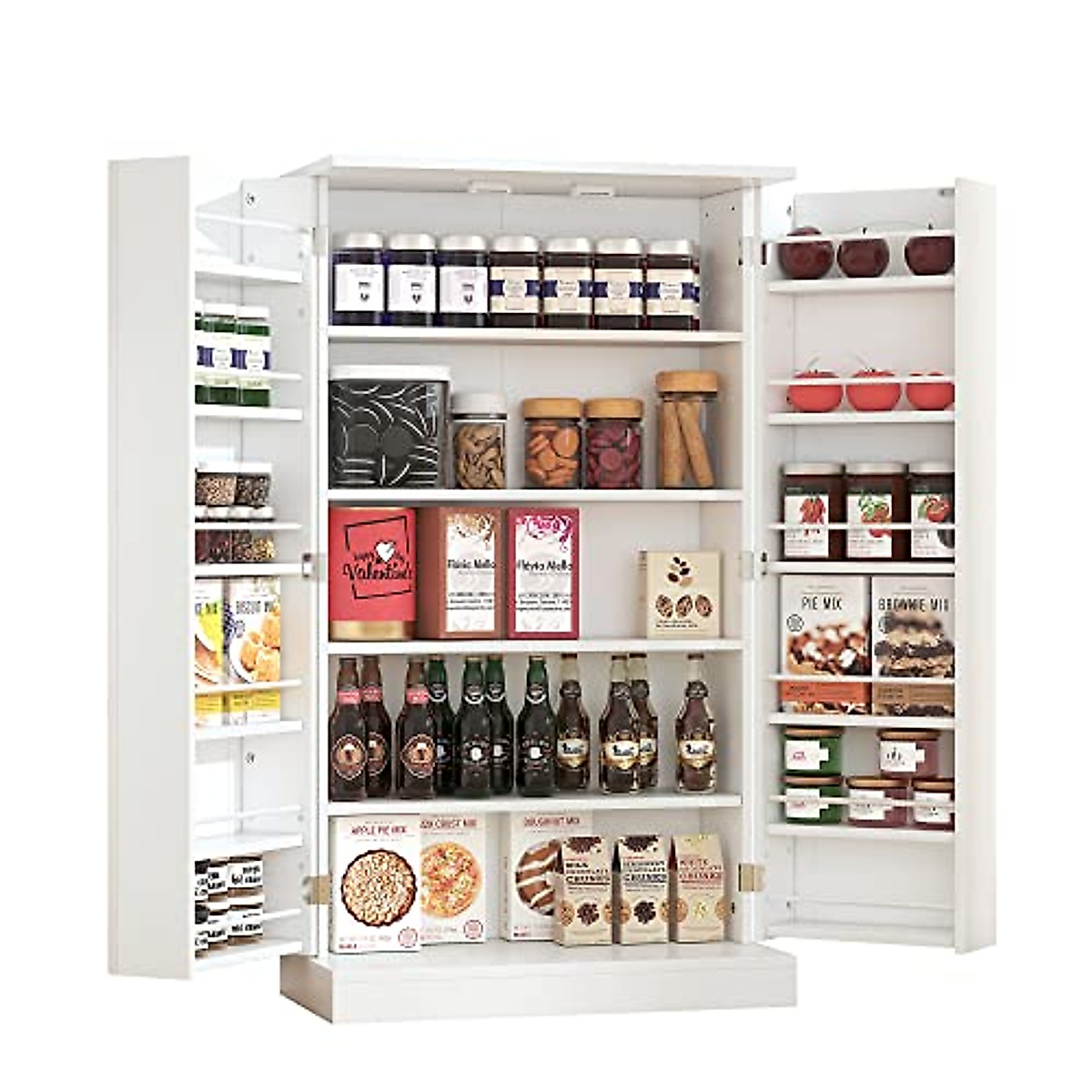 Yusong Kitchen Pantry Storage Cabinet Cupboard with Doors and 6 Adjustable Shelves for Small Space, Farmhouse Pantries Organization Cabinet for Dining Room, Living Room, White