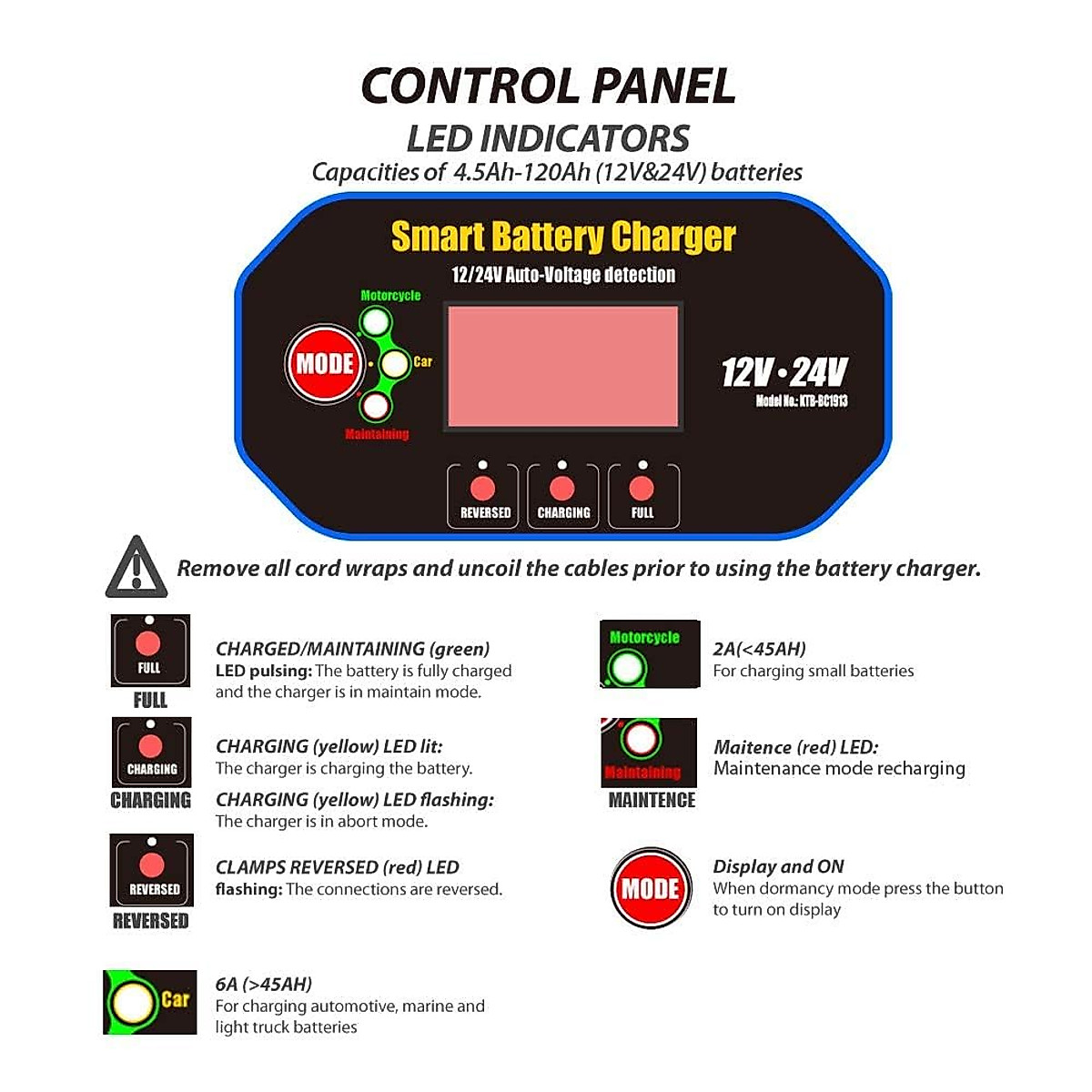 Katbo Battery Charger 12V 24V 6-Amp Auto-Voltage Detection Lead Acid Battery Float Charger Maintainer with LCD Display for Motorcycle Car
