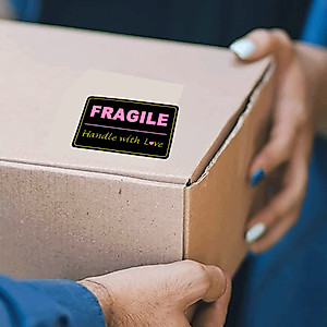 Pink Fragile Handle with Love Labels 2X3 inch Black Yellow Fragile Warning Shipping Mailing Stickers for Personal Gift Bag Envelope 200 Pcs Per Roll (Pink)