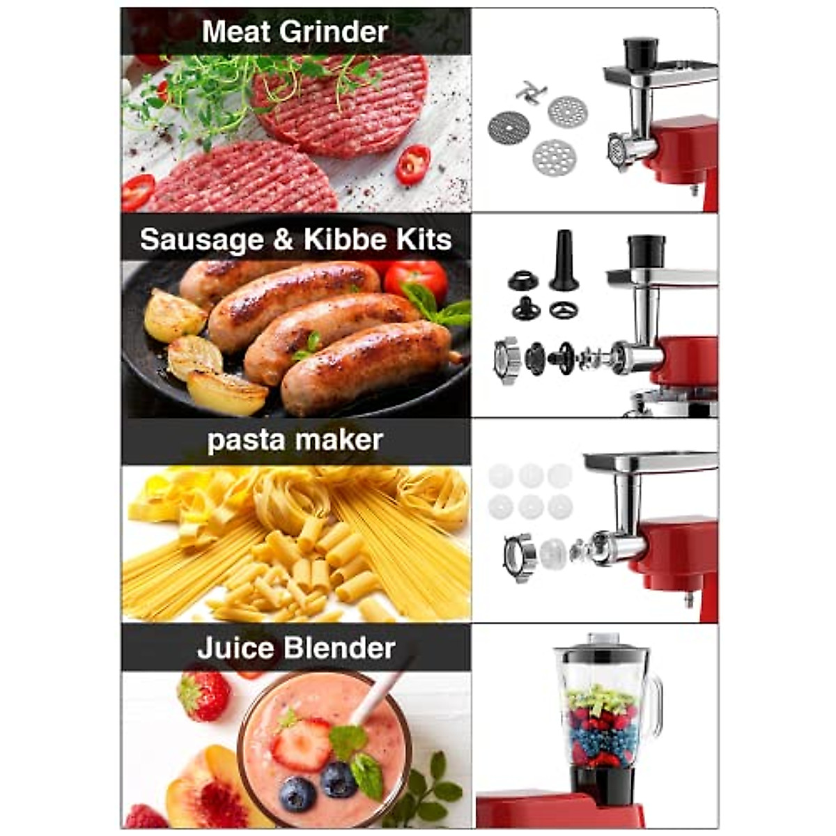 Stand Mixer, 6 IN 1 Multifunctional Electric Kitchen Mixer 660W 6 Speed with 7.4QT Stainless Steel Bowl, 1.5L Glass Jar, Meat Grinder, Dough Hook, Whisk, Beater, Sausage Kit, Food Mixer for Baking