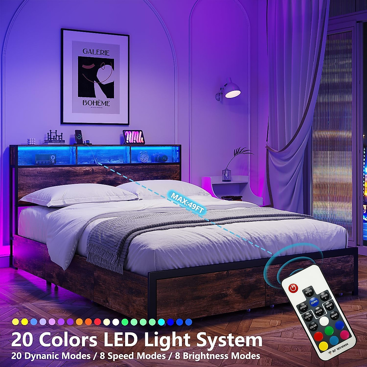 furomate Bed Frame Queen Size Metal Bed Frame with Storage Headboard and 4-Drawers, Platform Bed Frame with LED Light & Charging Station, No Box Spring Needed, Rustic Brown