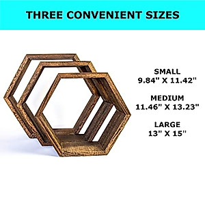 Hexagon Wooden Shelves – Set of 3 Geometric Floating Wall Shelf –Small, Medium, Large -Rustic Brown Honeycomb Design for Bedroom, Living Room, Office.