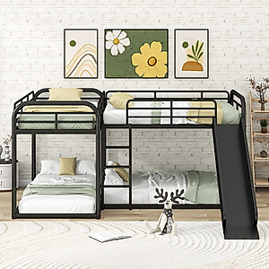 Quad Bunk Bed with Slide, L Shaped Bunk Bed for 4, Heavy-Duty Metal Floor Bunk Bed Frame Full and Twin Size for Kids Teens Girls Boys (Black)