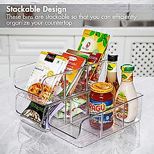 YIHONG Food Packet Organizer Bins for Pantry Organization, 4 Pack Plastic Clear Storage Bins for Storing Seasoning Packets, Spices, Sauce Packets,Snacks, with 2 Removable Dividers