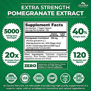 Zazzee Extra Strength Pomegranate 20:1 Extract, 5000 mg Strength, 40% Ellagic Acid, 120 Vegan Capsules, 4 Month Supply, Standardized, Concentrated 20X Extract, 100% Vegetarian, All-Natural and Non-GMO