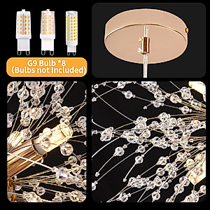 HOXIYA Modern Crystal Chandeliers Firework, Plug in Dandelion Chandelier, Gold Sputnik Pendant Light for Bedroom Foyer Hallway Entryway Kitchen, 8 Light Firework Dandelion Chandelier, G9 Socket