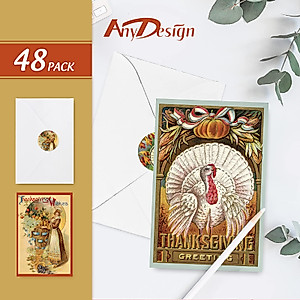 AnyDesign 48 Pack Vintage Fall Greeting Cards with Envelope Stickers 12 Designs Thanksgiving Cards Retro Autumn Harvest Thank You Note Cards for Wedding Baby Shower Supplies, 4 x 6 In