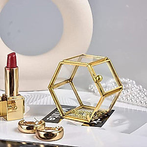 Feyarl Small Gold Glass Jewelry Trinket Tiny Box Ornate Ring Earring Display Box Keepsake Organizer Case Artificial Flower Petals Decorative Box Valentine Wedding Birthday Gift